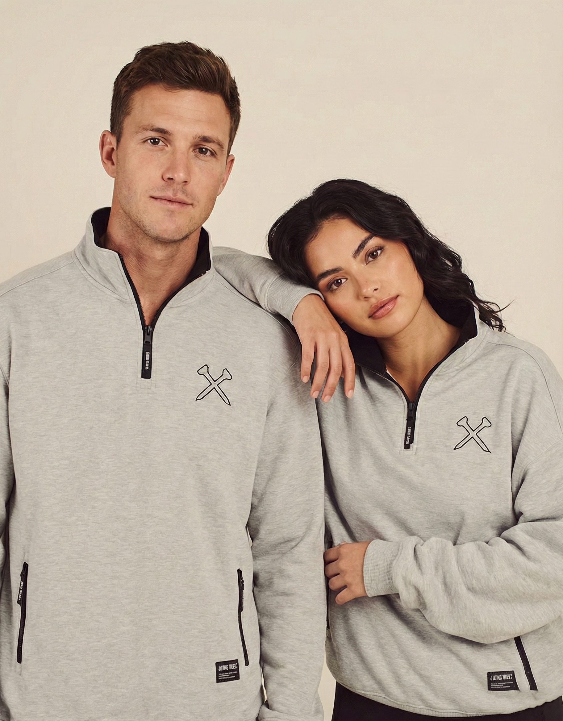 Jamie West High-Neck Half Zip-up Pocket Sweatshirts - Grey